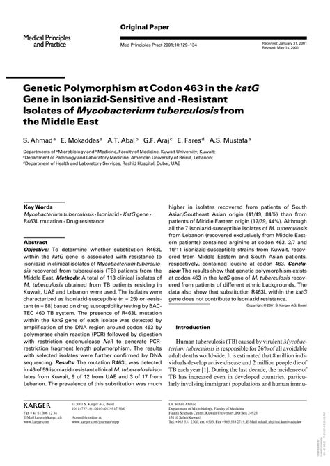Pdf Genetic Polymorphism At Codon 463 In The Katg Gene In Isoniazid Sensitive And Resistant