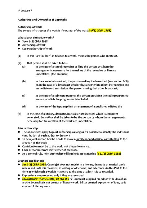 Ip Lecture 7 Authorship And Ownership Of Copyright Authorship And