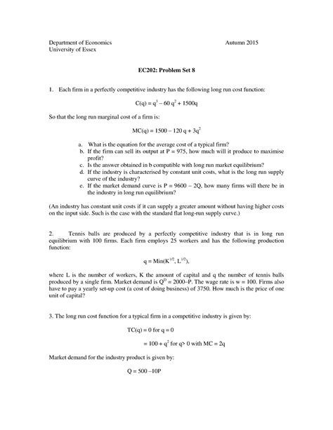 EC Problem Set Department Of Economics Autumn University Of Essex EC Problem