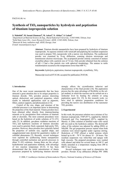 Synthesis Of TiO Nanoparticles By Hydrolysis And Peptization Of