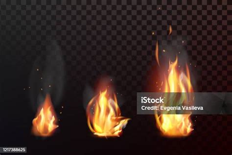 체크 쳐진 배경에 격리 된 투명도와 현실적인 화재 불꽃의 집합입니다 벡터 일러스트레이션 3차원 형태에 대한 스톡 벡터 아트 및 기타 이미지 3차원 형태 개체 그룹