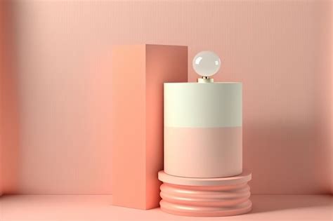 하나의 스포트라이트가 있는 간단한 실린더 받침대와 스탠드에 있는 제품 디스플레이 제품 모형 분홍색 연어 세로 프레임 그림의 밝은 그늘에 있는 배경 프리미엄 사진