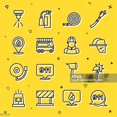 긴급 전화 911 소방관 도끼 헬멧 호스 릴 트럭 화재 불꽃이 있는 위치 스프링클러 시스템 및 아이콘을 설정합니다 벡터 검은색에 대한 스톡 벡터 아트 및 기타 이미지