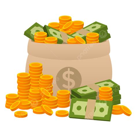 Pile Of Dollar Bills And Coins In A Sack With Lots Of Money Pile Of Gold Coins In A Sack Money