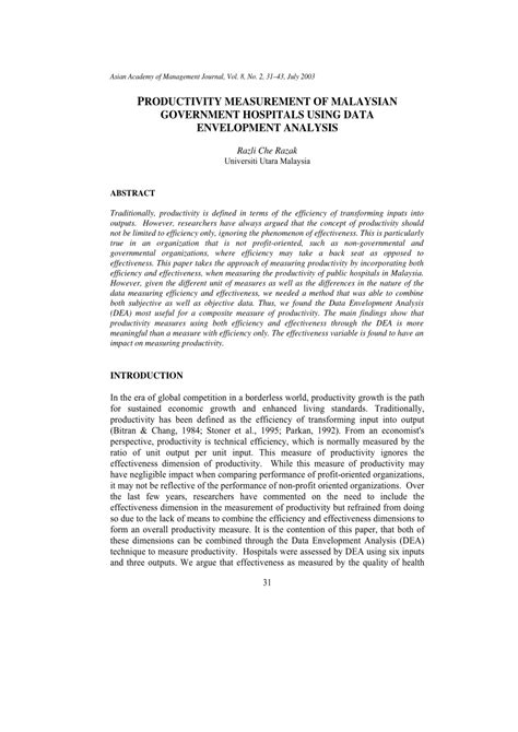 Pdf Productivity Measurement Of Malaysian Government Hospitals Using Data Envelopment Analysis