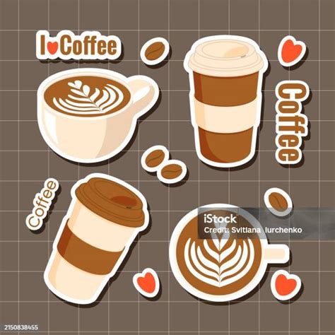 커피 컵 종이컵 커피 원두가 있는 스티커 세트입니다 벡터 일러스트 레이 션 스티커에 대한 스톡 벡터 아트 및 기타 이미지 스티커 디자인 뜨거운 음료 Istock