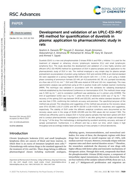 Pdf Development And Validation Of An Uplc Esi Msms Method For Quantification Of Duvelisib In