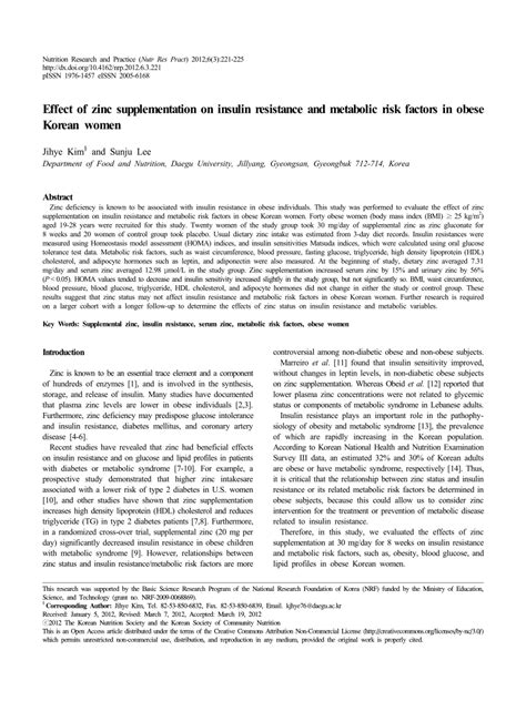 Pdf Effect Of Zinc Supplementation On Insulin Resistance And Metabolic Risk Factors In Obese