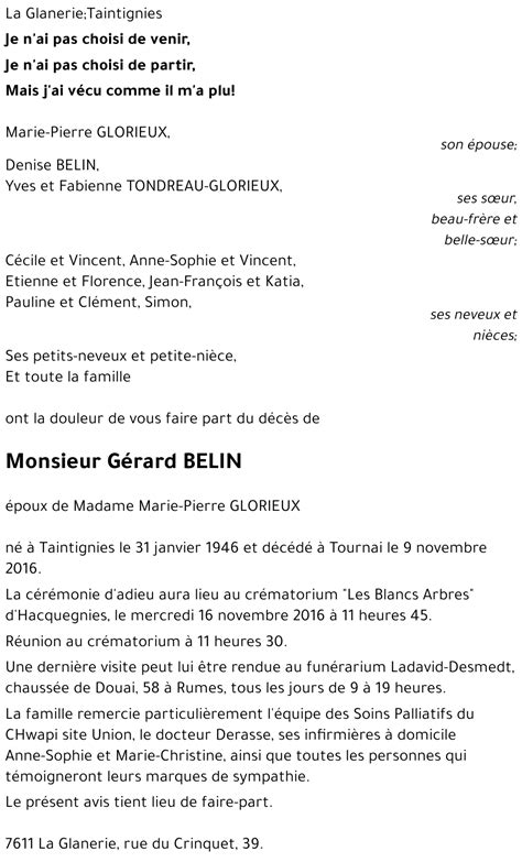 Avis De Décès De Gérard Belin Décédé Le 09 11 2016 à Tournai Annonce Condoléances Fleurs