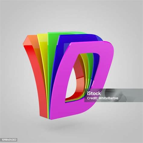 3d 편지 D 대문자입니다 3d 장면 전환 무지개 글꼴을 렌더링 합니다 프라이드 색깔 개념 알파벳 흰색 배경에 고립 3차원