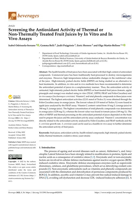 Pdf Screening The Antioxidant Activity Of Thermal Or Non Thermally Treated Fruit Juices By In