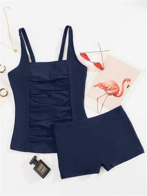 Shein Swim Basics Conjunto De Tankini Unicolor Camiseta Sin Mangas