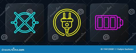 Set Line Electric Circuit Scheme Battery Charge Level Indicator And Electric Plug Black Square