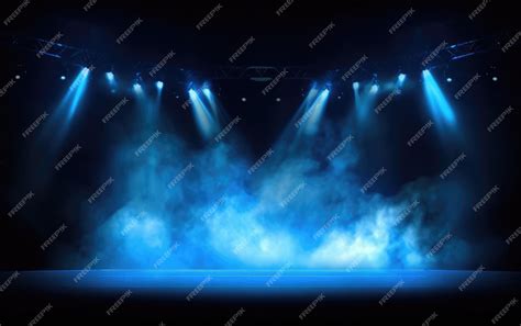풍경 조명과 연기가 있는 무대 연기가 있는 파란 스포트라이트 검은색 배경에 빛의 효과 경기장 구름성 프로젝터 안개 쇼 생성 Ai 프리미엄 사진