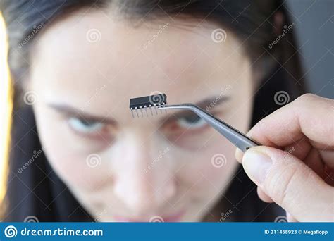 Small Microcircuit Chip In Front Of Woman X S Head Stock Image Image Of Engineer Person