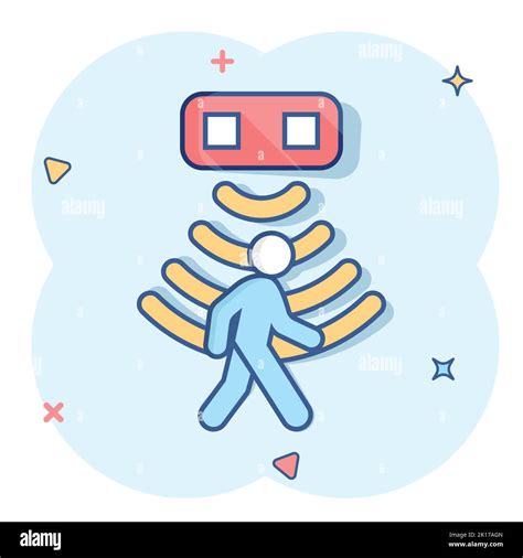 Motion Sensor Icon In Comic Style Sensor Waves With Man Vector Cartoon