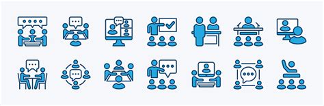 비즈니스 회의 아이콘 집합입니다 팀워크 회의 직장 세미나 교육 교실 인터뷰 토론 포럼 프레젠테이션 온라인 비디오 담화 그룹 토크를 포함합니다 벡터 일러스트 레이 션