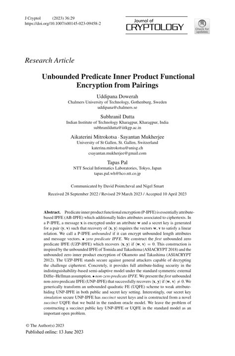 pdf unbounded predicate inner product functional encryption from pairings