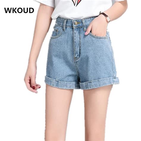 Wkoud 2017 Denim Shorts High Waist Vintage Curled Blue Jeans Women