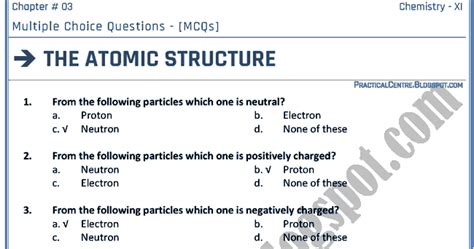 Practical Centre The Atomic Structure MCQs Chemistry XI