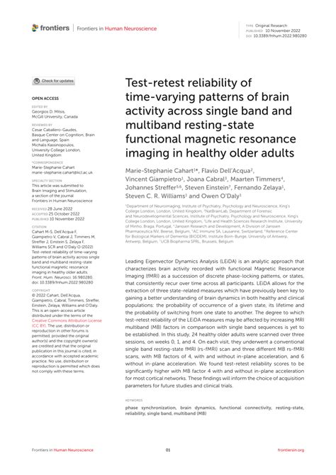 Pdf Test Retest Reliability Of Time Varying Patterns Of Brain Activity Across Single Band And