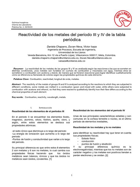 Reactividad De Los Metales Del Período Iii Y Iv De La Tabla Periódica Descargar Gratis Pdf