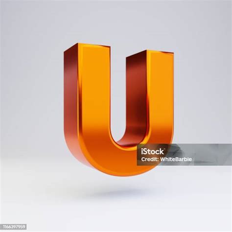 Huruf 3 Huruf U Huruf Besar Font Metalik Oranye Panas Dengan Pantulan Mengkilap Dan Bayangan
