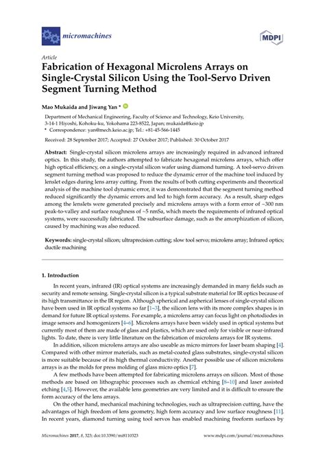 Pdf Fabrication Of Hexagonal Microlens Arrays On Single Crystal Silicon Using The Tool Servo