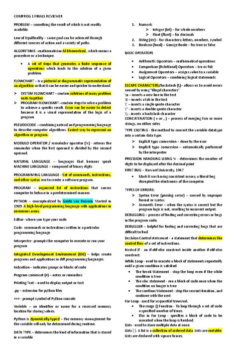 Comprog 1 Reviewer Comprog 1 Finals Reviewer Problem Something The