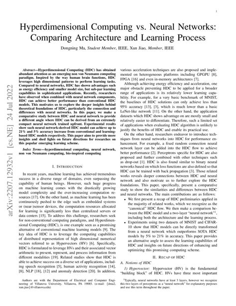Hyperdimensional Computing Vs Neural Networks Comparing Architecture