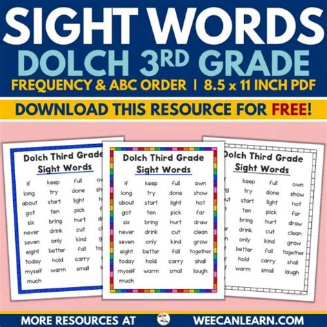 Third Grade Dolch Sight Word List Alphabetical Frequency [free