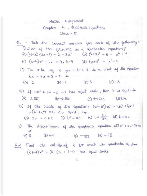 Class 10th Quadratic Equation Assignment Pdf