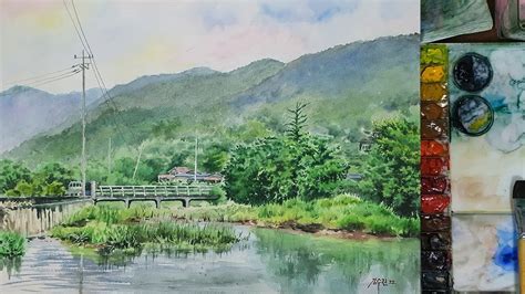수채화 그리기 산과 개울 풍경 그림 그리기 Youtube
