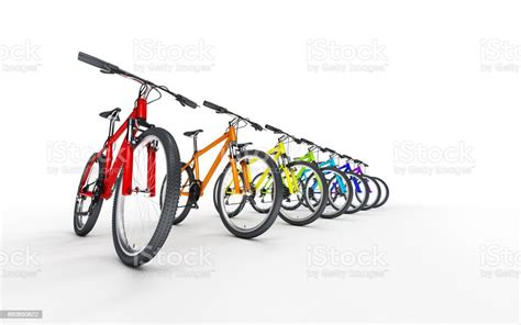 많은 다채로운 자전거에 서 행 흰색 배경에 고립 3 차원 일러스트 레이 션 두발자전거에 대한 스톡 사진 및 기타 이미지 두발자전거 한 줄로 자전거 타기 Istock