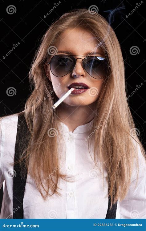 Hot Blonde Model Smoking On Black Background Stock Image Image Of