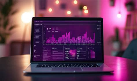 Data Visualization Dashboard On Laptop Screen With Vibrant Purple Background And Lights Stock