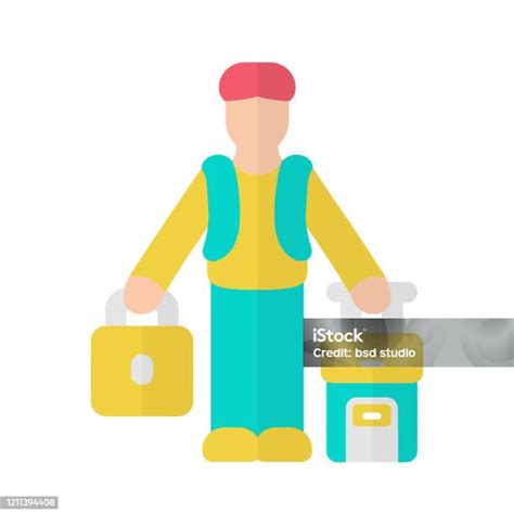 이민자 남자 플랫 디자인 긴 그림자 노란색 색상 아이콘입니다 여행 가방과 배낭 난민 해외 여행 솔로 여행 관광 여행 장비 이민 벡터 실루엣 일러스트레이션 개념에 대한 스톡