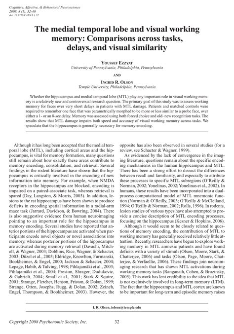 Pdf The Medial Temporal Lobe And Visual Working Memory Comparisons Across Tasks Delays And