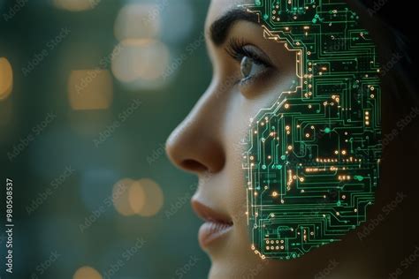 Womans Face Merging With Digital Circuit Patterns Representing Ai