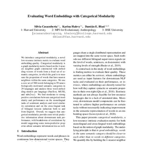 Evaluating Word Embeddings With Categorical Modularity Acl Anthology