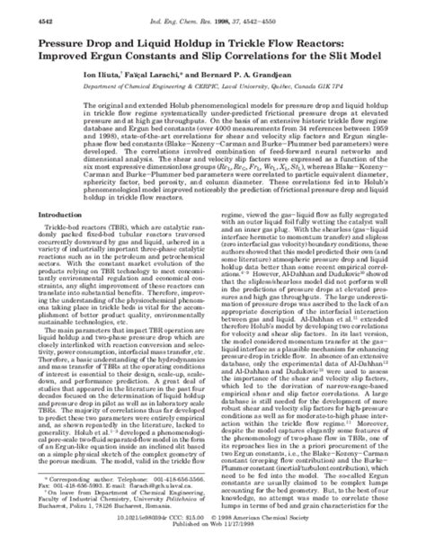 Pdf Pressure Drop And Liquid Holdup In Trickle Flow Reactors Improved Ergun Constants And