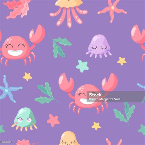 손으로 그린 귀여운 게 불가사리 해초가 있는 매끄러운 패턴 아이 디지털 섬유 직물 종이에 대 한 벡터 이미지 패턴에 대한 스톡 벡터 아트 및 기타 이미지 Istock