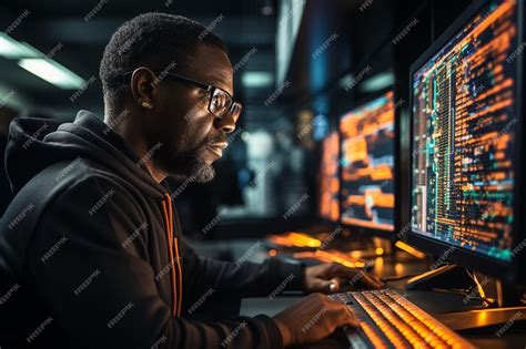 Premium Photo Black Man Working On Computer With Code Language