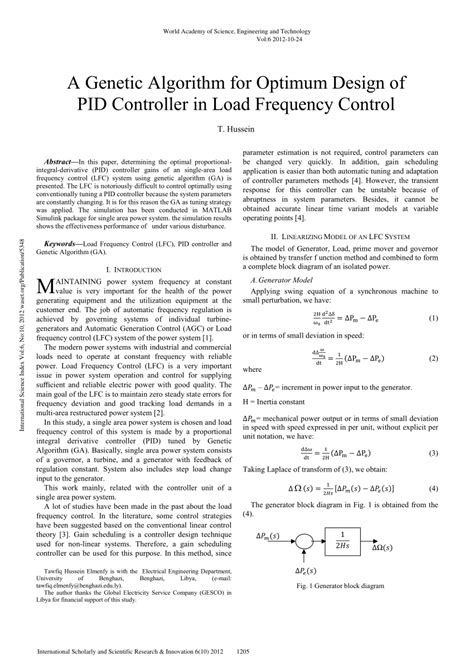 Pdf A Genetic Algorithm For Optimum Design Of Pid Controller In Load Frequency Control
