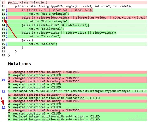 6 为了捕获这个突变，需要添加新的测试用例来覆盖边界条件，以达到让测试用例将突变杀掉（即 “killed”）的目的。