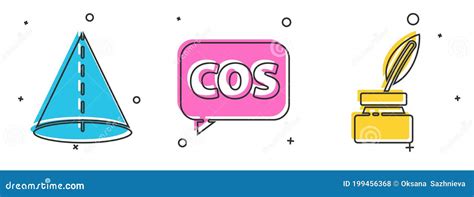 Set Geometric Figure Cone Mathematics Function Cosine And Feather And Inkwell Icon Vector