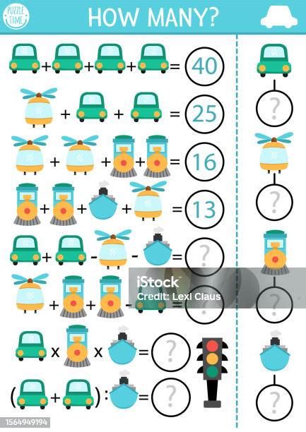 얼마나 많은 차량 게임 방정식 또는 수수께끼 학교 아이들을 위한 항공 물 육상 교통 수학 활동 자동차 헬리콥터 기차 배가 있는 아이들을 위한 간단한 인쇄 가능한 계산