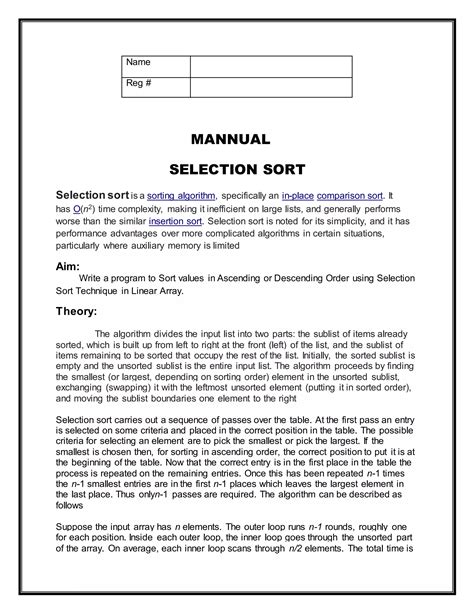 Selection Sort Lab Mannual Docx Programming Languages Computing