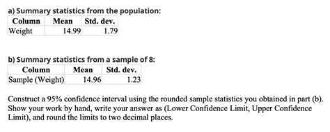 Solved A Summary Statistics From The Population Column Chegg Com
