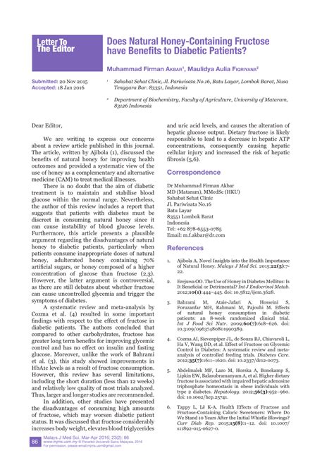 Pdf Does Natural Honey Containing Fructose Have Benefits To Diabetic